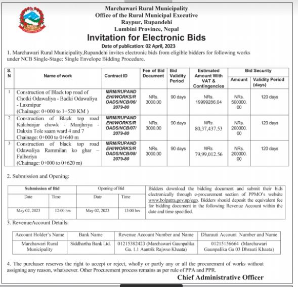 Invitation For Electronic Bids | मर्चवारी गाउँपालिका,गाउँ कार्यपालिकाको कार्यालय (रायपुर,रुपन्देही)